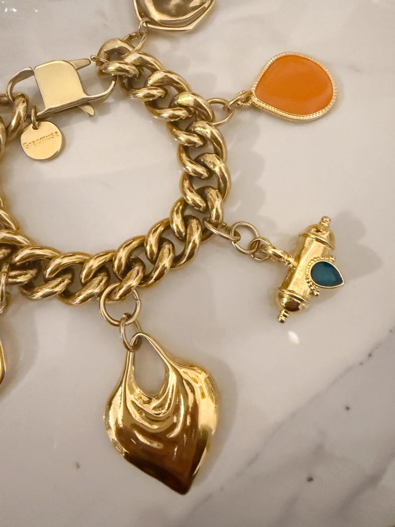 Gold Tone Charm Bracelet, Multi Charm Heavy Thick Bold Chain Bracelet ...