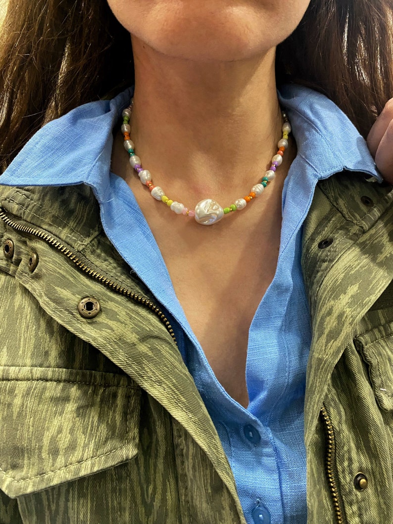 Rainbow Pearl Choker Fresh Pearl Beads Collar Y2k Jewelry - Etsy