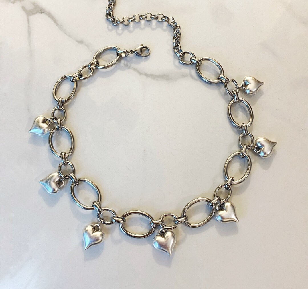 Puffed Heart Charms Necklace, Silver Choker With Hearts, Chunky Silver ...