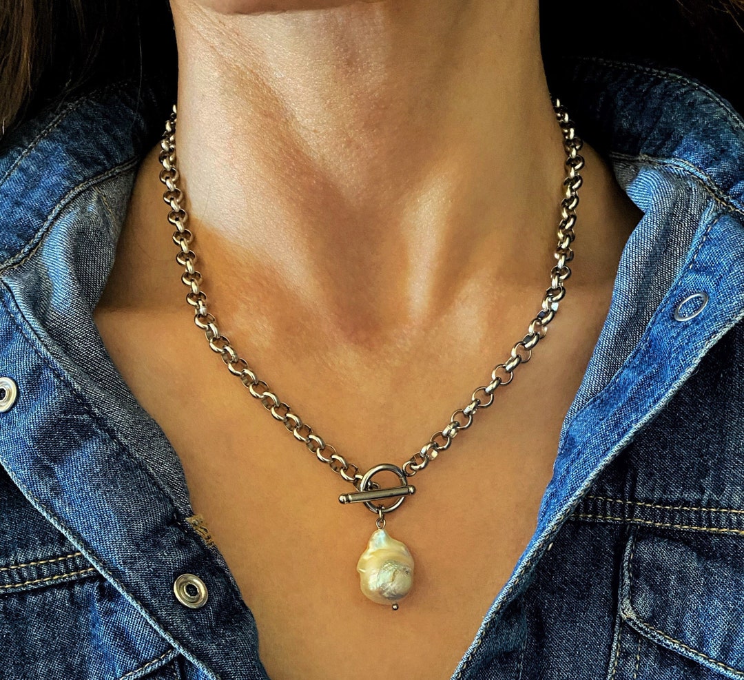Baroque Pearl Pendant Necklace, Silver Rolo Chain Necklace With Real ...