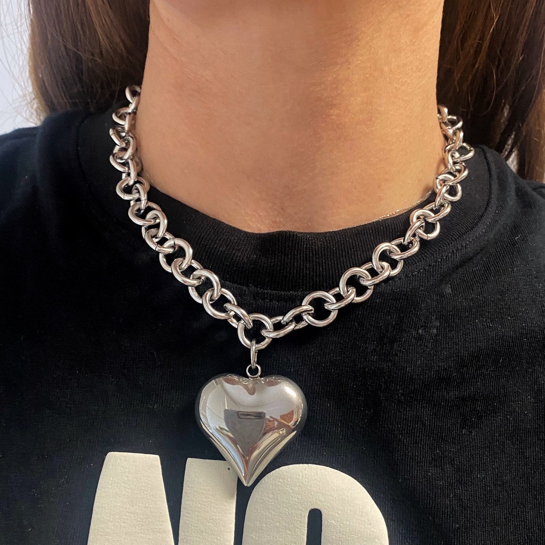 Heart Necklace, Silver Tone Heart Necklace, Puff Heart Pendant, Chunky ...