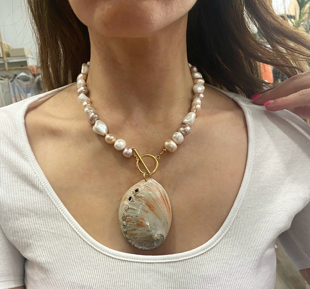 Large Shell Pendant Necklace, Natural Shell Necklace, Pearl Shell ...