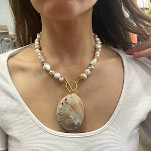 Large Shell Pendant Necklace, Natural Shell Necklace, Pearl Shell ...