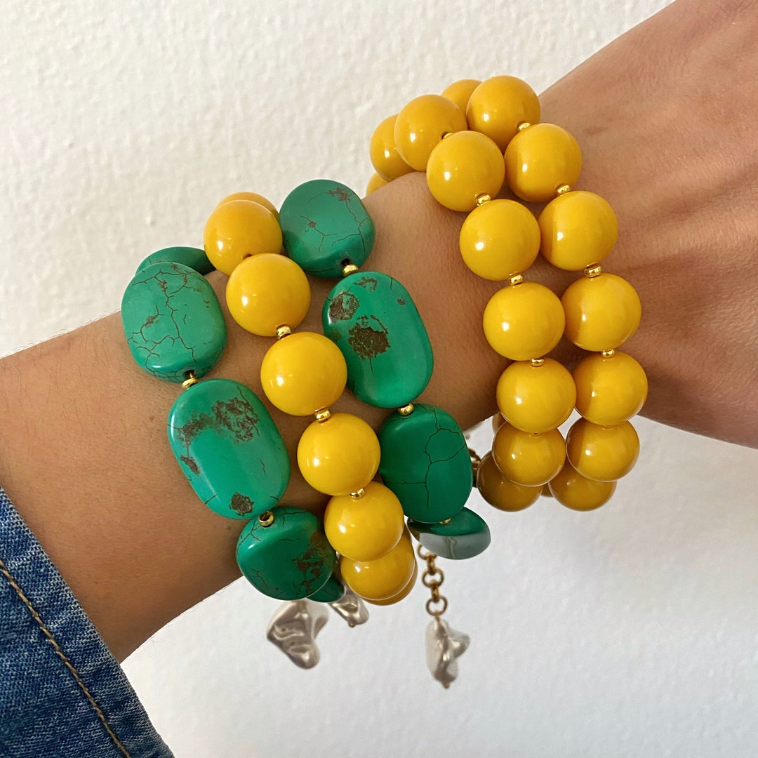 Large Bead Bracelet, Mustard Huge Bracelet, Bright Forest Green ...