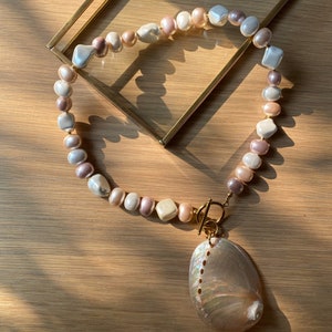 Large Shell Pendant Necklace, Natural Shell Necklace, Pink Pearl Shell ...