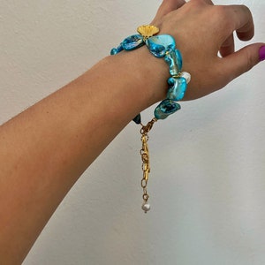 Turquoise Shell Charms Bracelet, Oversized Blue Shells Bracelet, Boho ...