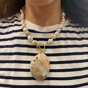 Large Shell Pendant Necklace, Natural Shell Necklace, Pearl Shell ...