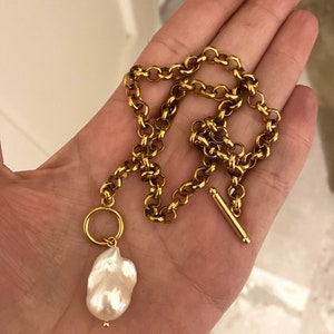 Baroque Pearl Pendant Necklace Gold Rolo Chain Necklace With - Etsy