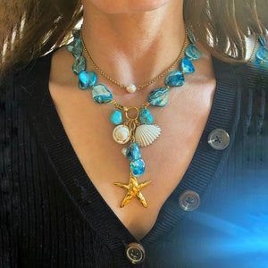 Natural Shell Clam Necklace, Turquoise Blue Necklace, Summer Y Lariat ...