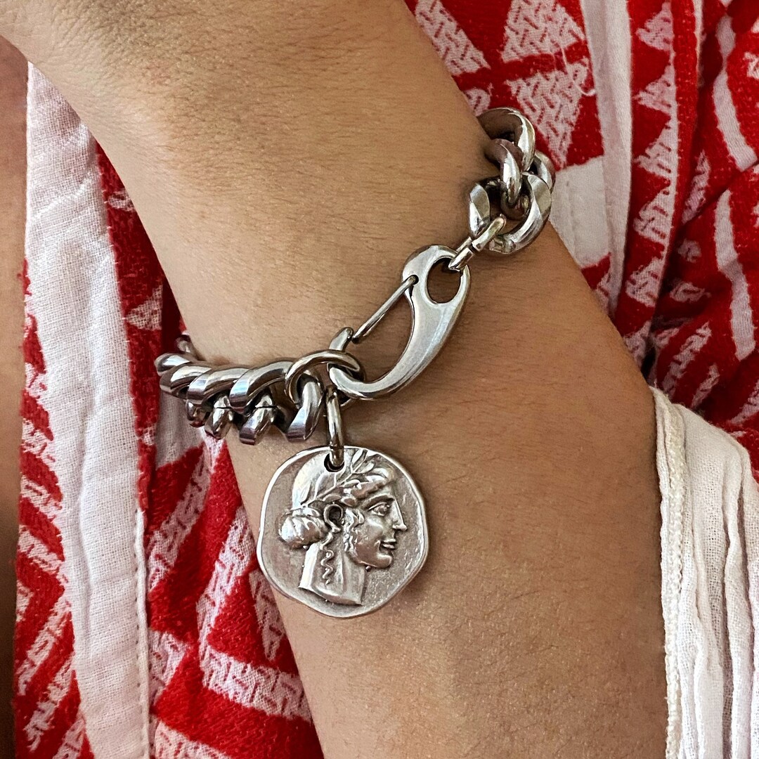 Coin Bracelet, Big Silver Bracelet, Thick Steel Chain Bracelet, Greek ...