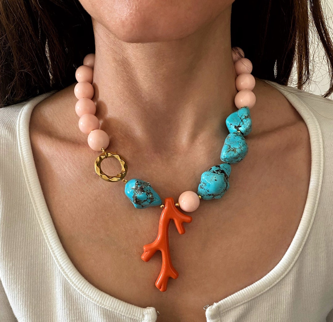 Turquoise Mixed Coral Necklace, Chunky Statement Necklace, Colorful ...