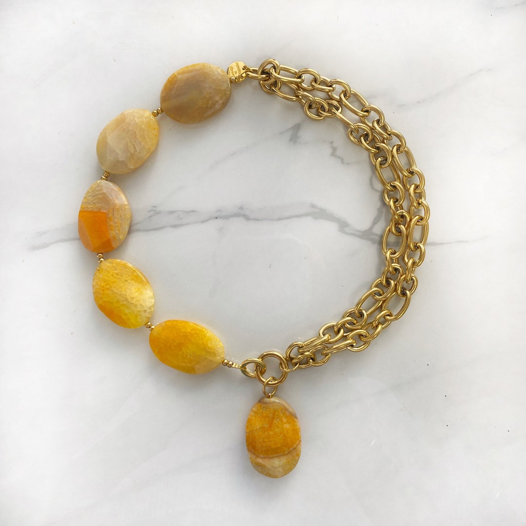 Oversized Yellow Necklace, Huge Half Beads Half Chain Necklace ...