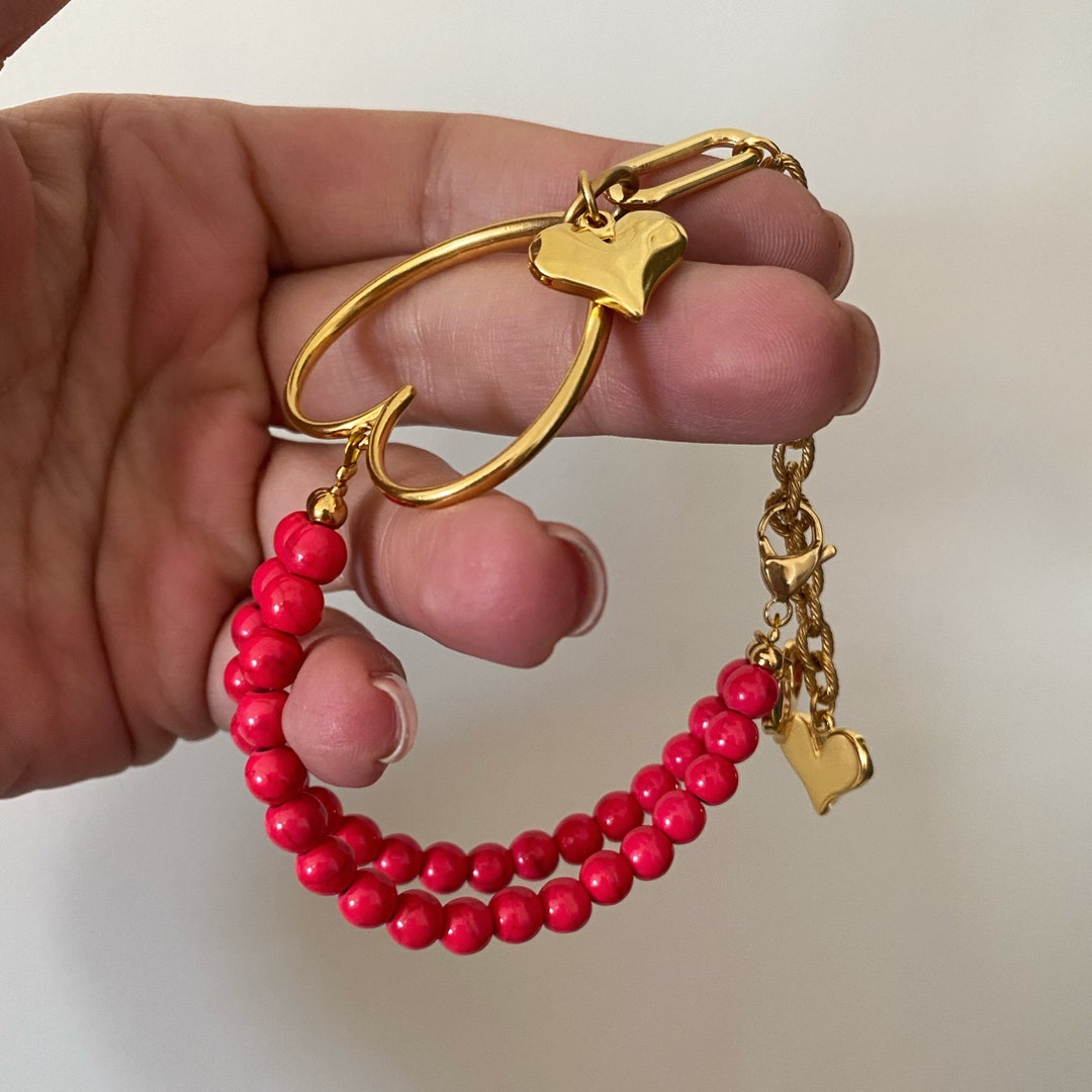 Hot Pink Bracelet, Fuchsia Beads Bracelet, Gold Heart Charms Bracelet ...
