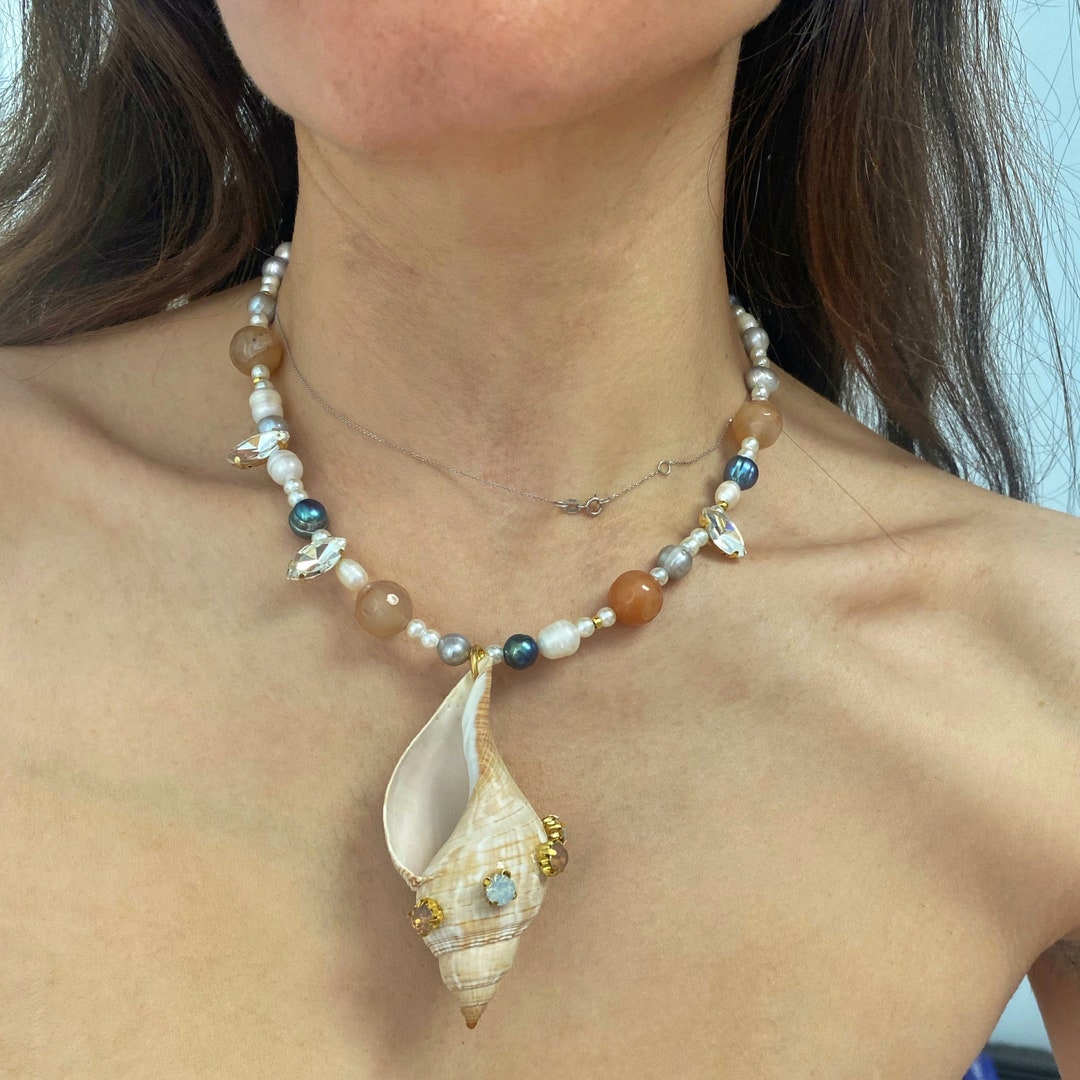 Shell Pendant Necklace, Natural Shell Necklace, Beaded Necklace for ...