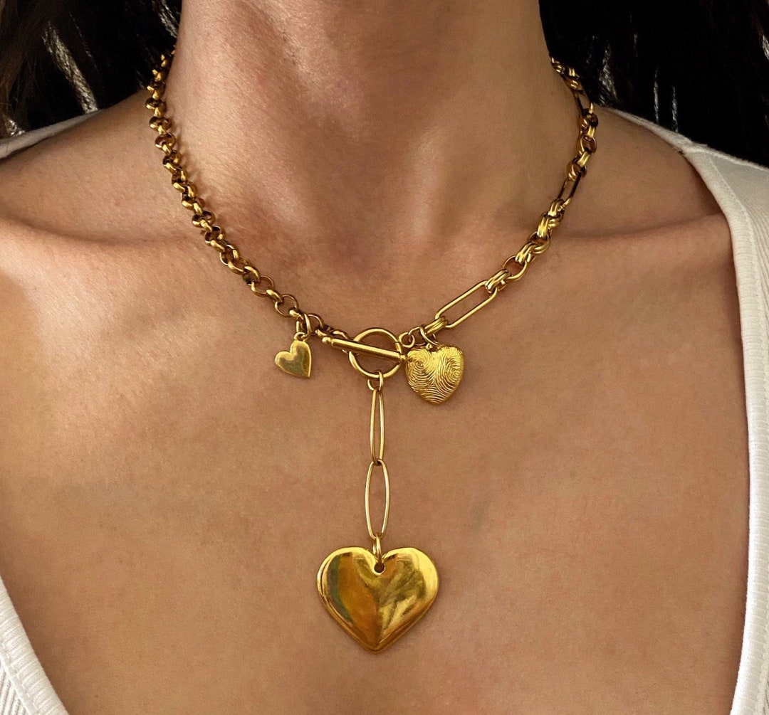 Gold Tone Heart Necklace, Heart Charms Necklace, Steel Chain Necklace ...