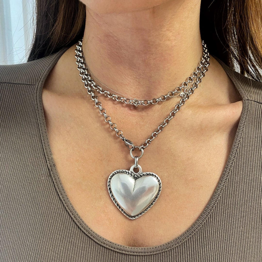 Heart Necklace, Silver Tone Heart Pendant Necklace, Big Heart Pendant ...