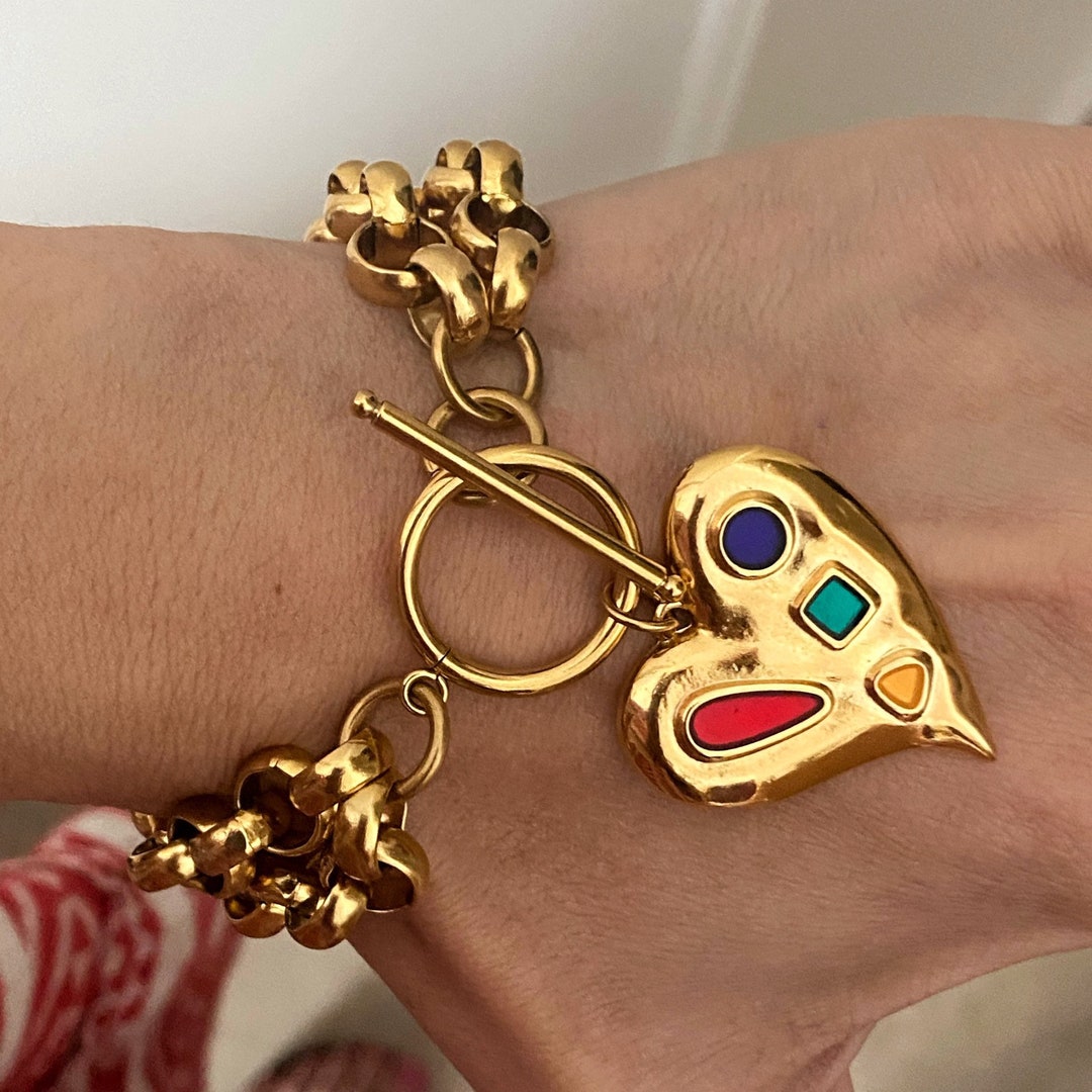 Heart Bracelet, Heart Charm Bracelet, Toggle Bracelet With Retro ...