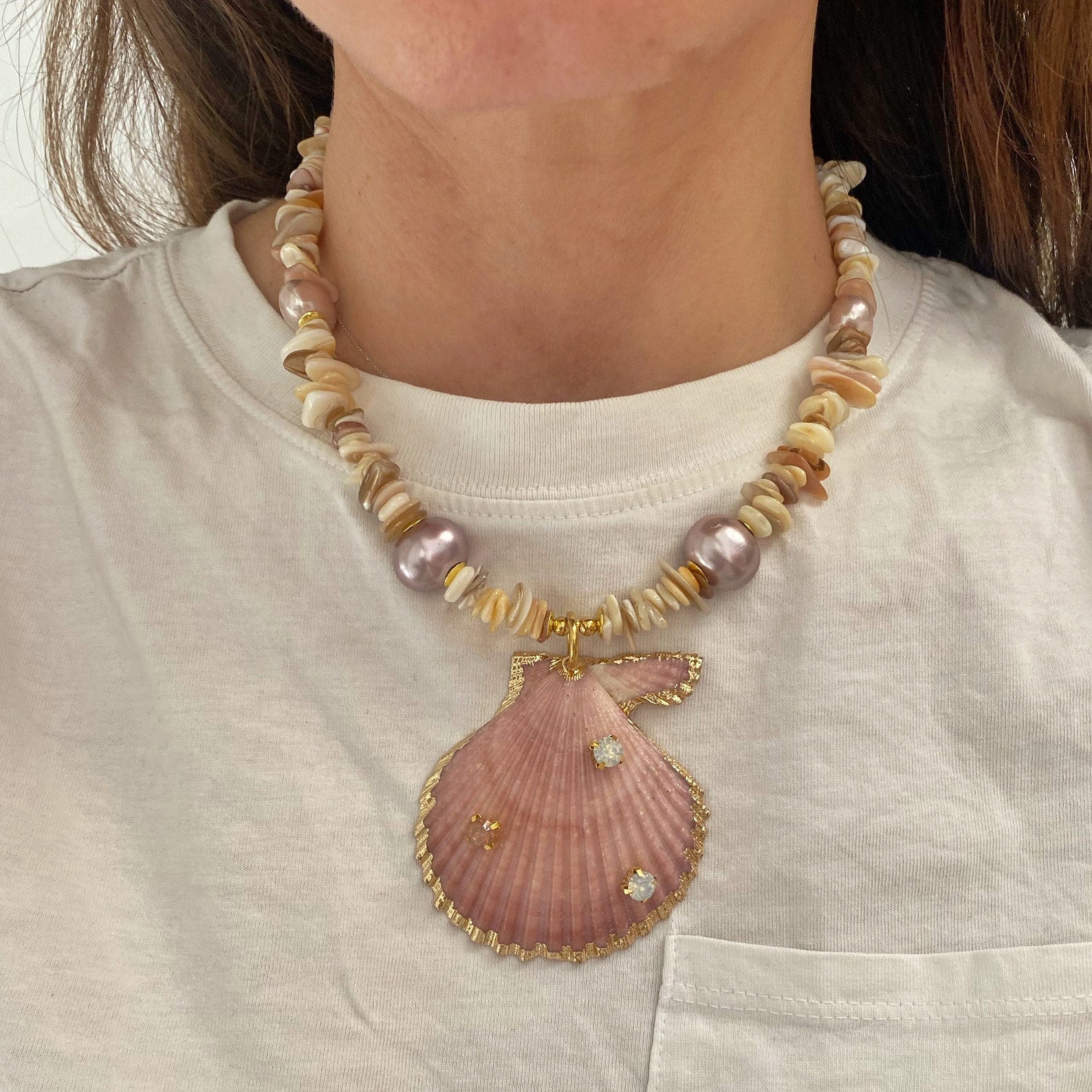 Large Shell Pendant Necklace, Natural Shell Necklace, Pearl Shell ...