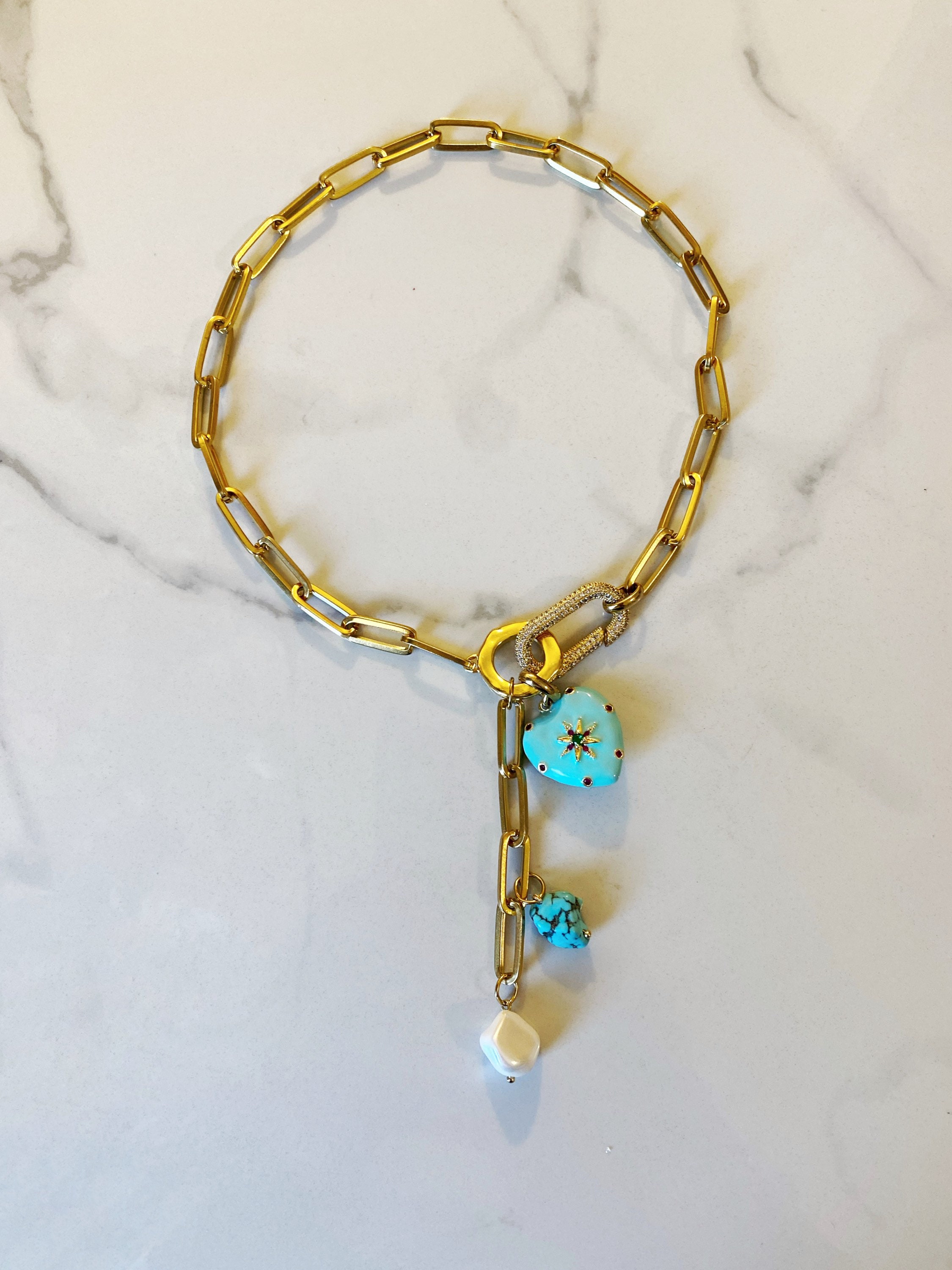 Carabiner Locker Necklace, Link Chain Necklace With Turquoise Heart ...