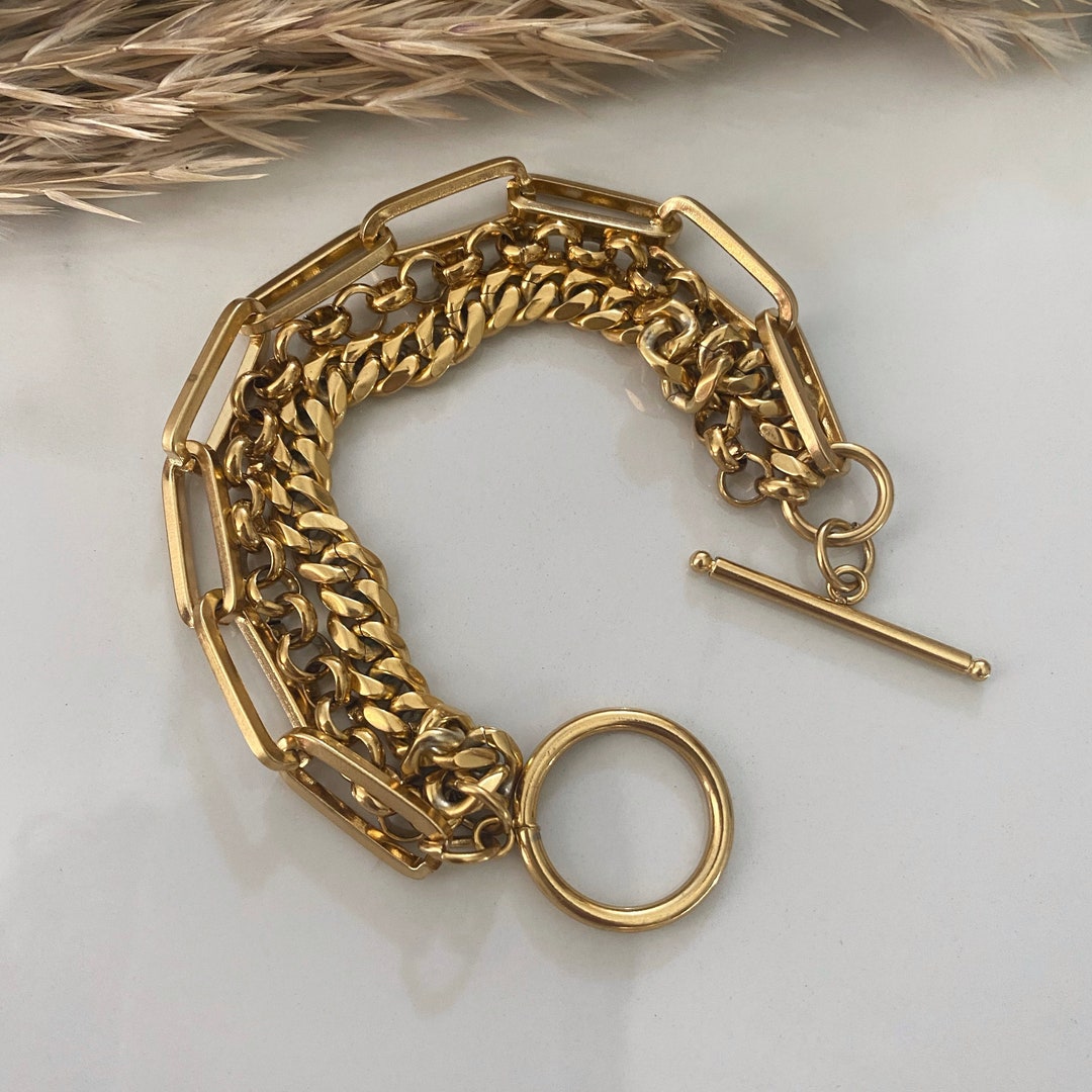Big Gold Steel Bracelet, Oversized Mixed Chains Bracelet, Thick Steel ...