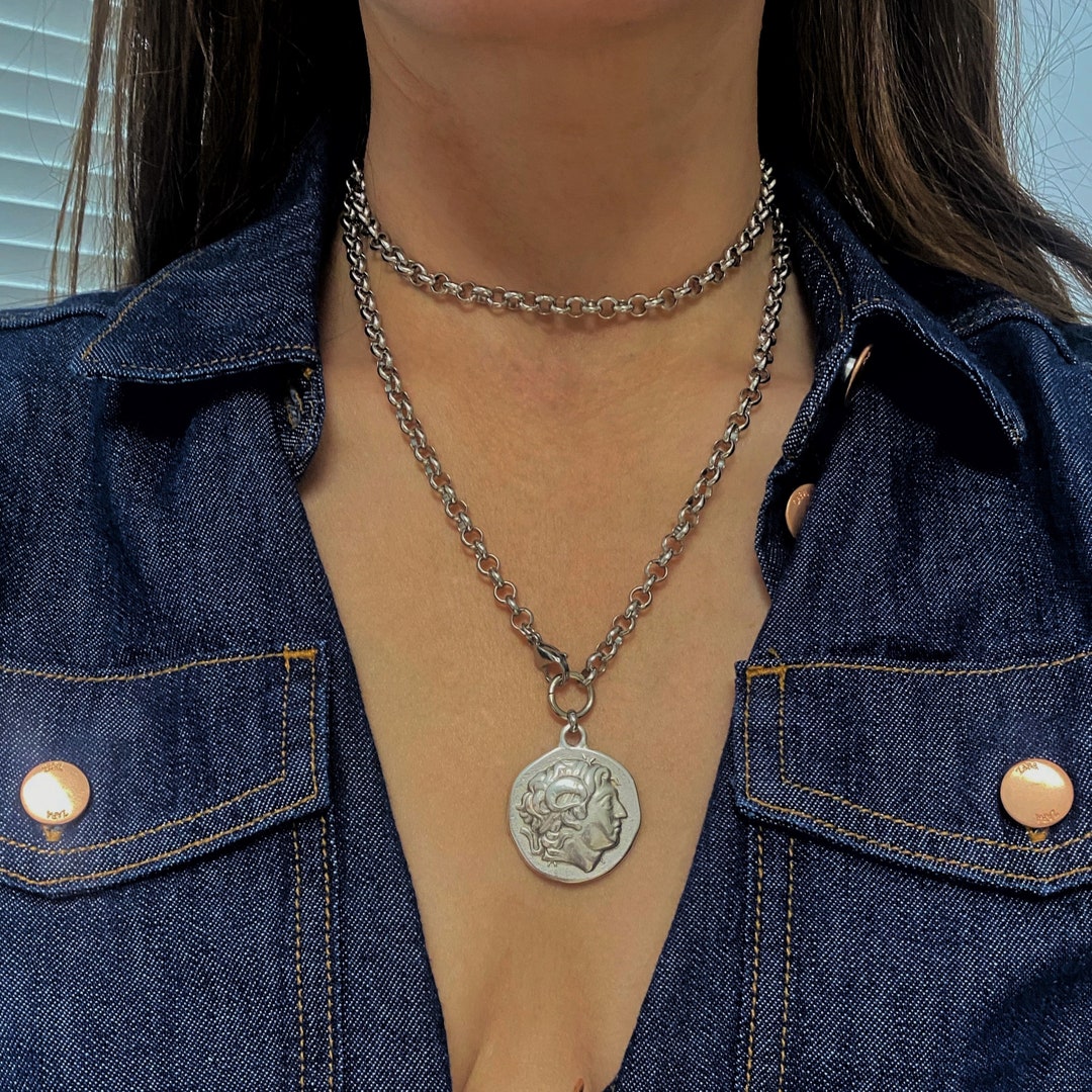 Coin Necklace, Silver Tone Heart Pendant Necklace, Large Coin Pendant ...
