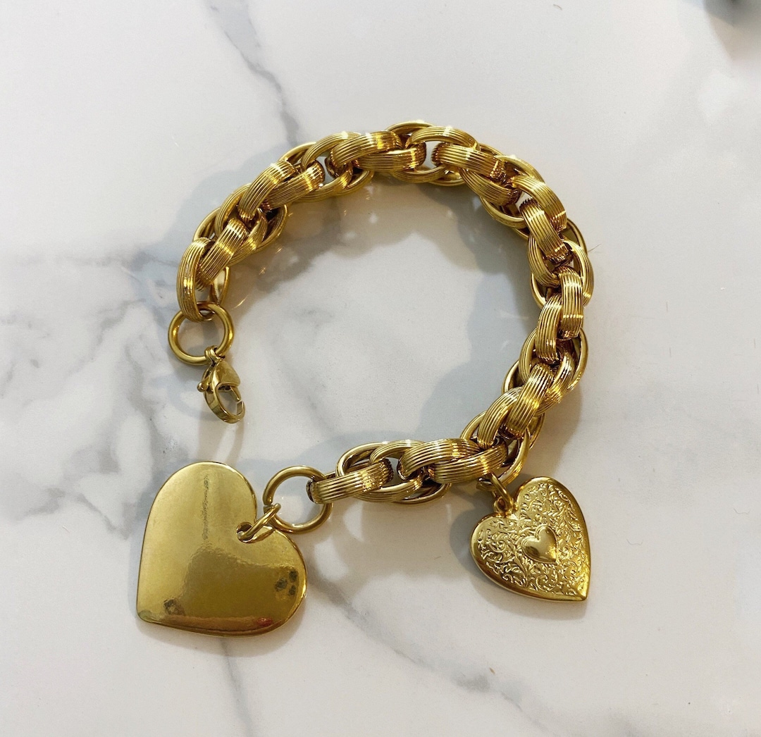 Heart Charm Bracelet, Gold Heart Bracelet, Large Heart Bracelet, Gold ...