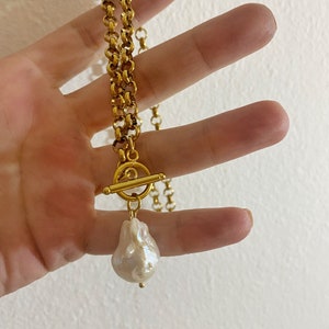 Baroque Pearl Pendant Necklace Gold Rolo Chain Necklace With - Etsy