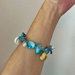 Turquoise Shell Charms Bracelet, Oversized Blue Shells Bracelet, Boho ...