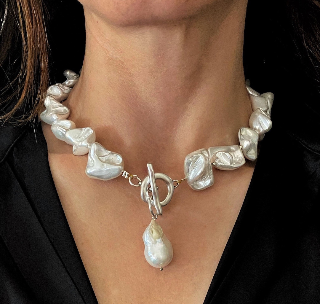 Irregular Shell Necklace With Baroque Pearl Pendant, Large Shell Beads ...