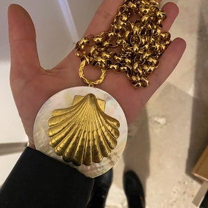 Sea Shell Necklace, Giant Gold Tone Clam Necklace, Oversized Shell ...