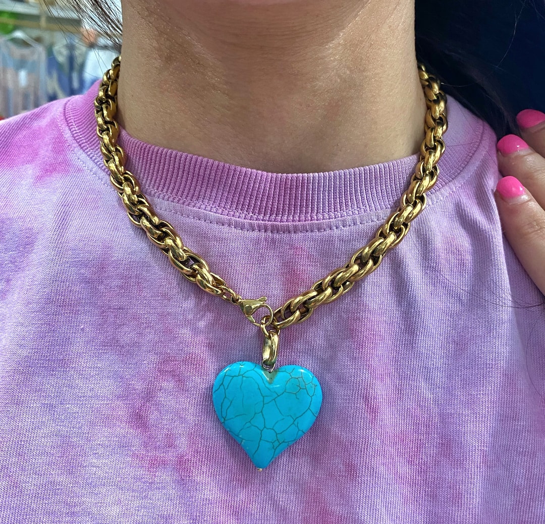 Turquoise Heart Necklace, Large Puffy Heart Pendant, Summer Jewelry ...