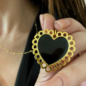 Black Heart Necklace, Long Chain Necklace With Heart Pendant, Large ...