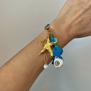 Turquoise Shell Charms Bracelet, Oversized Blue Shells Bracelet, Boho ...