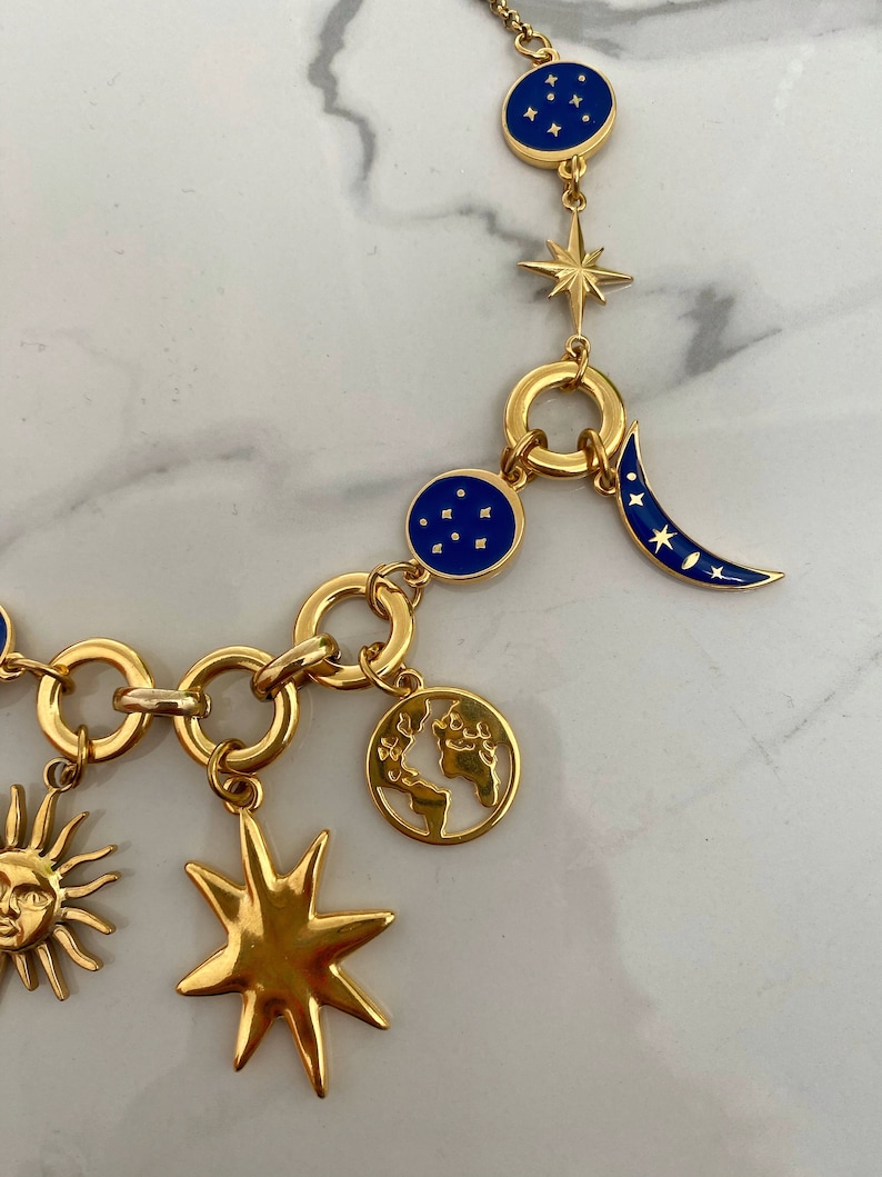Moon Star Charms Necklace, Gold Blue Tone Celestial Necklace, Necklace ...