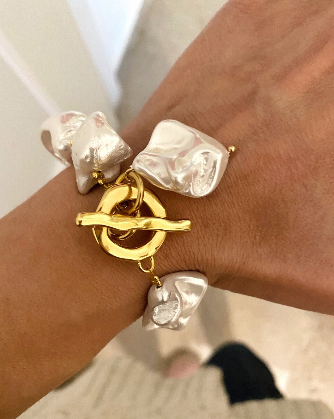 Irregular Faux Pearl Bracelet, Chunky Toggle Bracelet, Large Bracelet ...