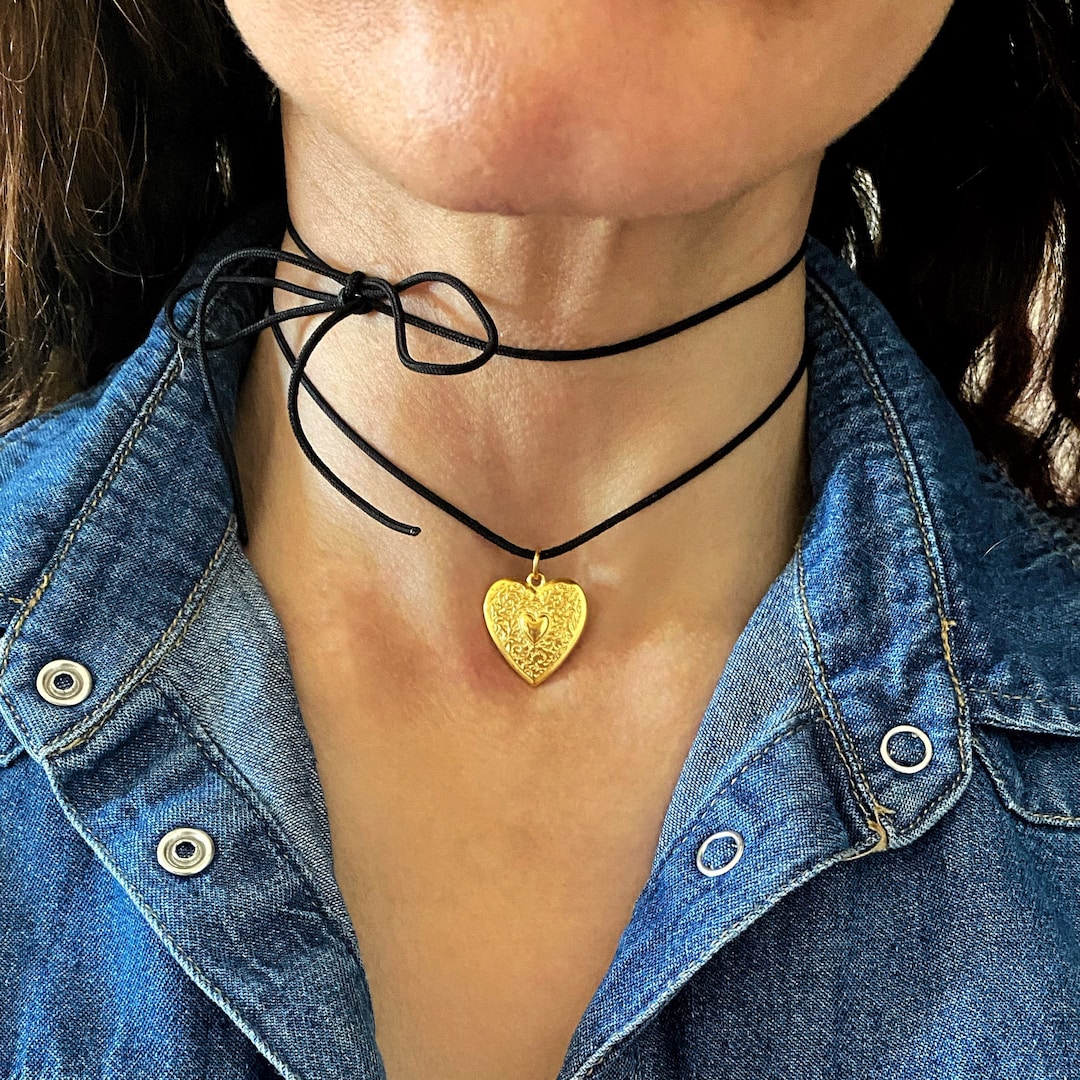 Heart Black String Necklace, Cord Choker With Heart Charm, Big Heart ...