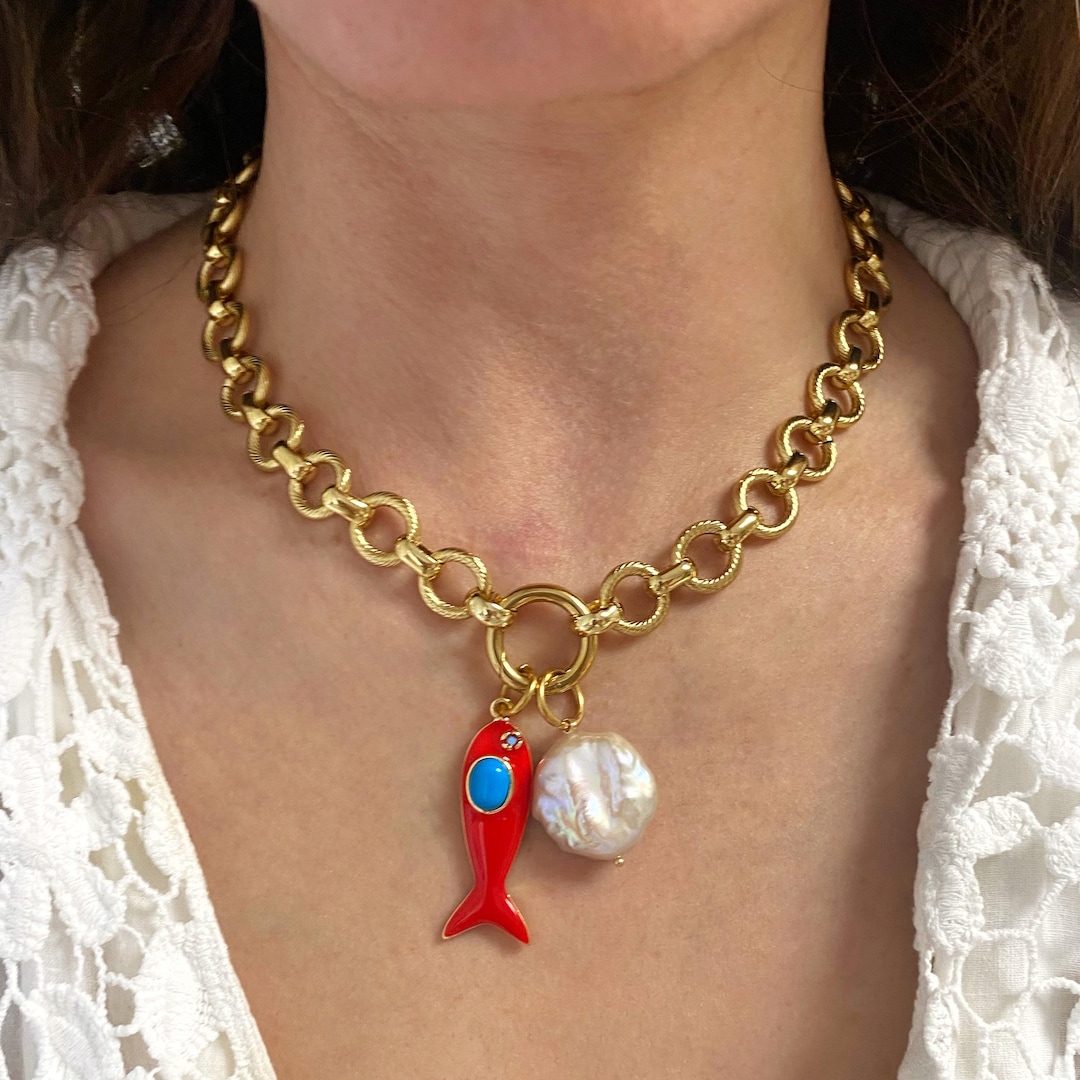 Red Fish Charm Necklace: Chunky Steel Chain, Irregular Pearl Pendant - Etsy