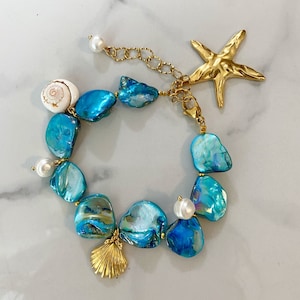 Turquoise Shell Charms Bracelet, Oversized Blue Shells Bracelet, Boho ...