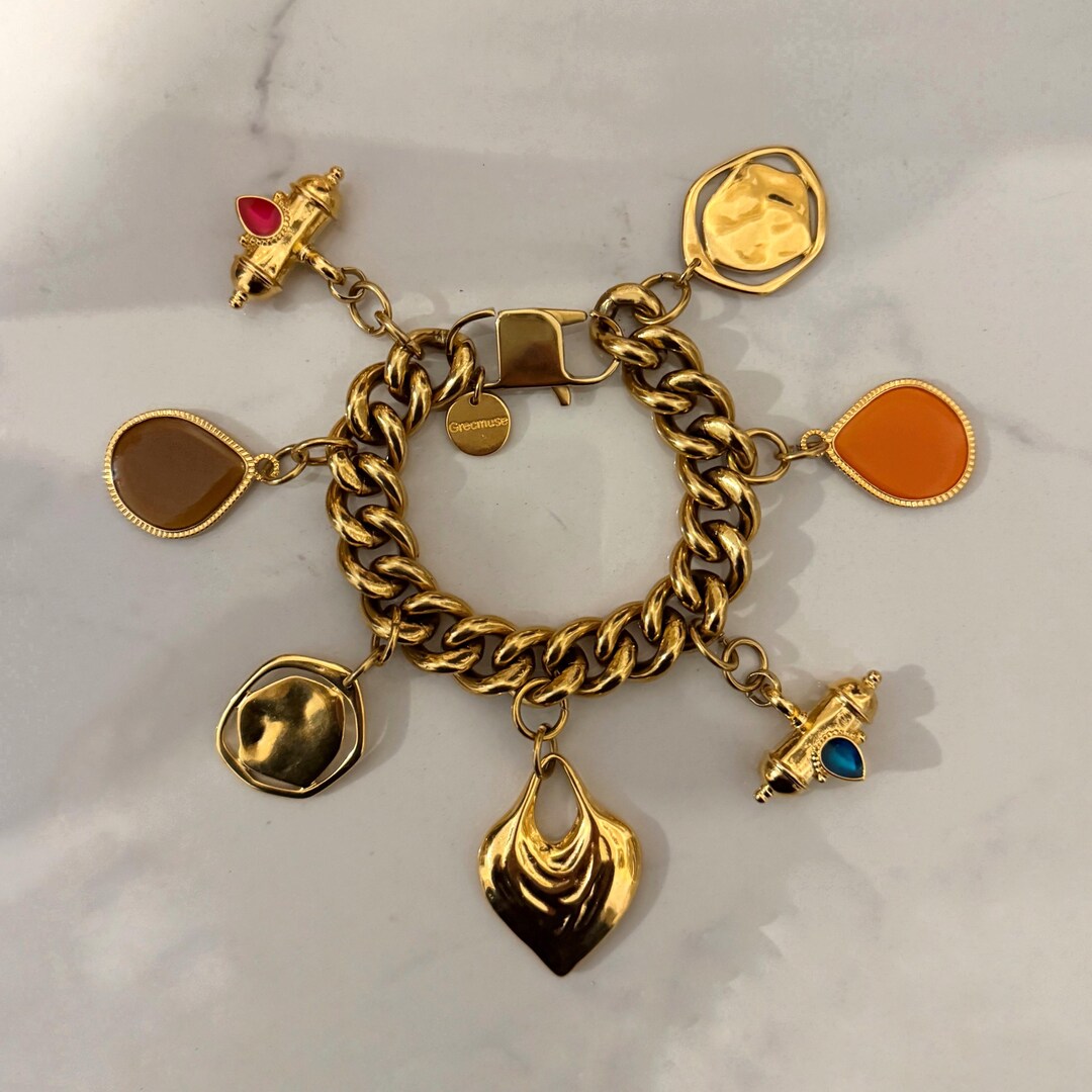 Gold Tone Charm Bracelet, Multi Charm Heavy Thick Bold Chain Bracelet ...
