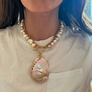 Large Shell Pendant Necklace, Natural Shell Necklace, Pink Pearl Shell ...