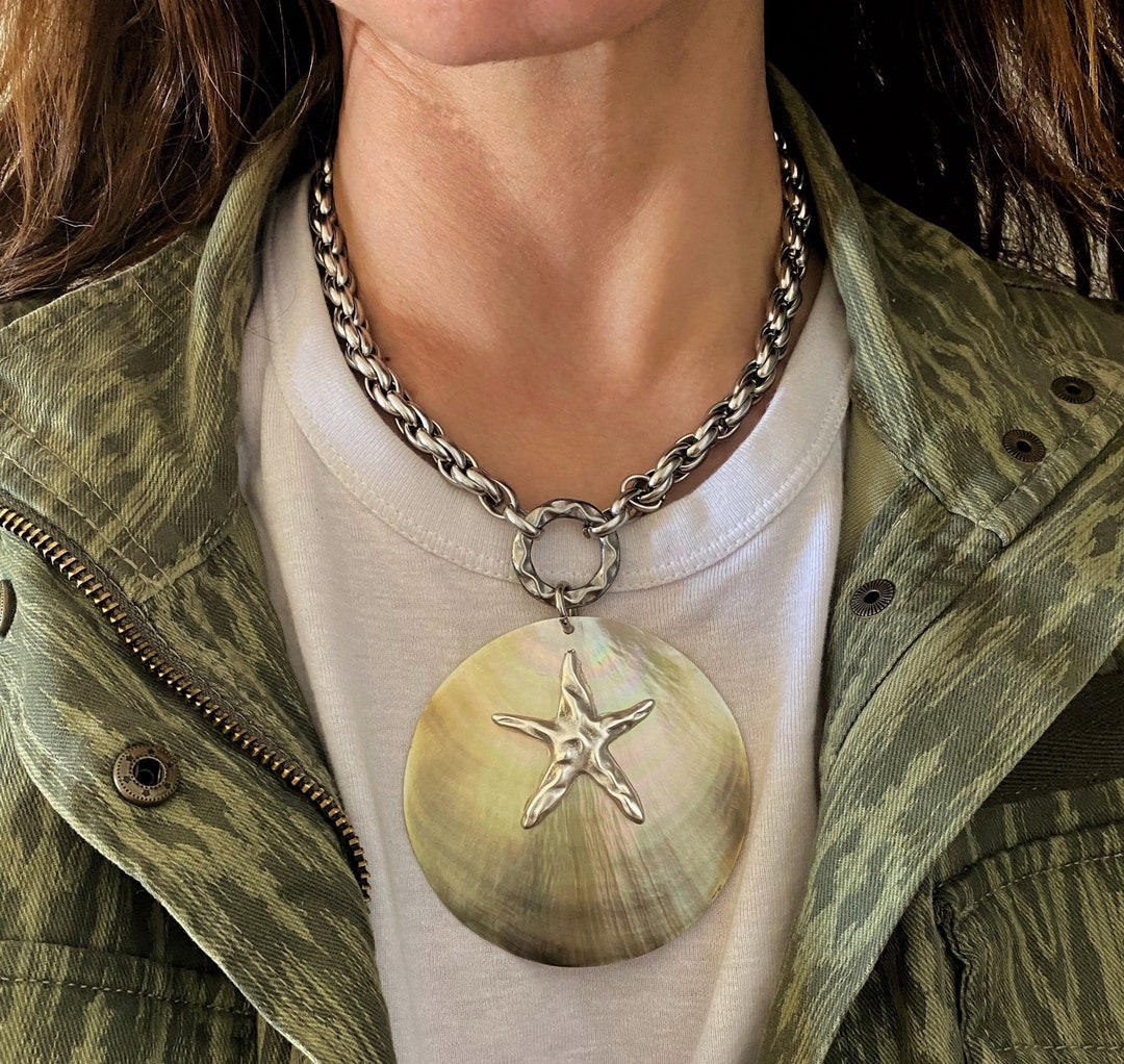 Shell Pendant Necklace, Natural Sea Clam Necklace, Oversized Shell ...
