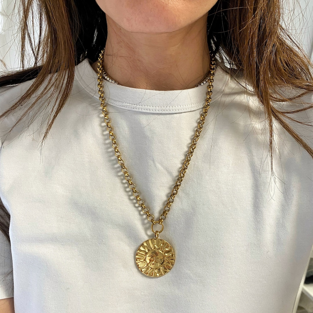 Sun Pendant Necklace, Gold Tone Chunky Necklace, Large Coin Necklace ...