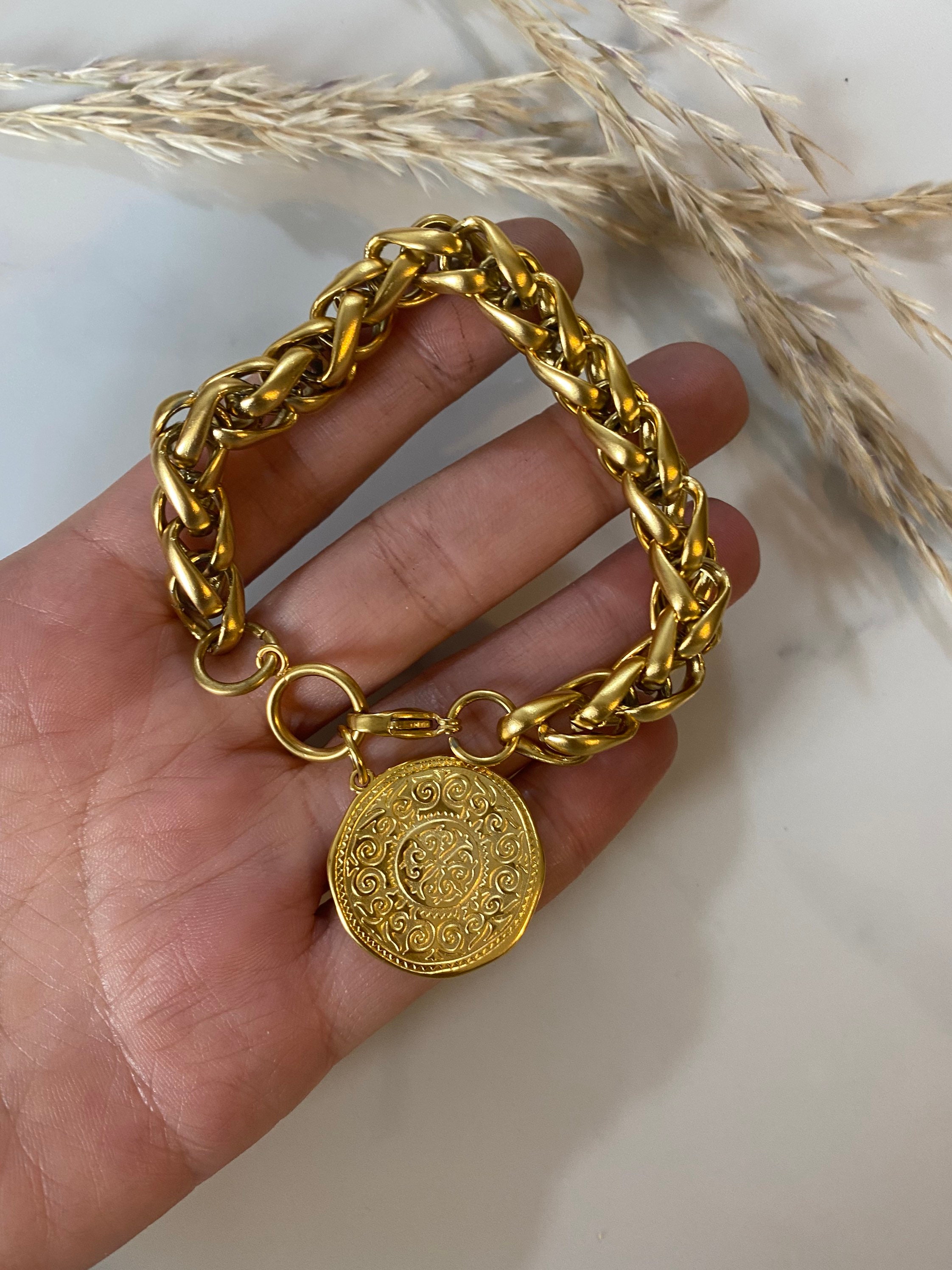 Coin Charm Bracelet Chunky Chain Bracelet With Charm - Etsy