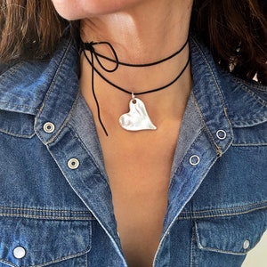 Heart Black String Necklace, Cord Choker With Heart Charm, Big Heart ...