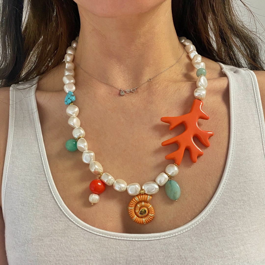 Multi Charms Necklace, Summer Long Necklace, Chunky Shell Pearl ...