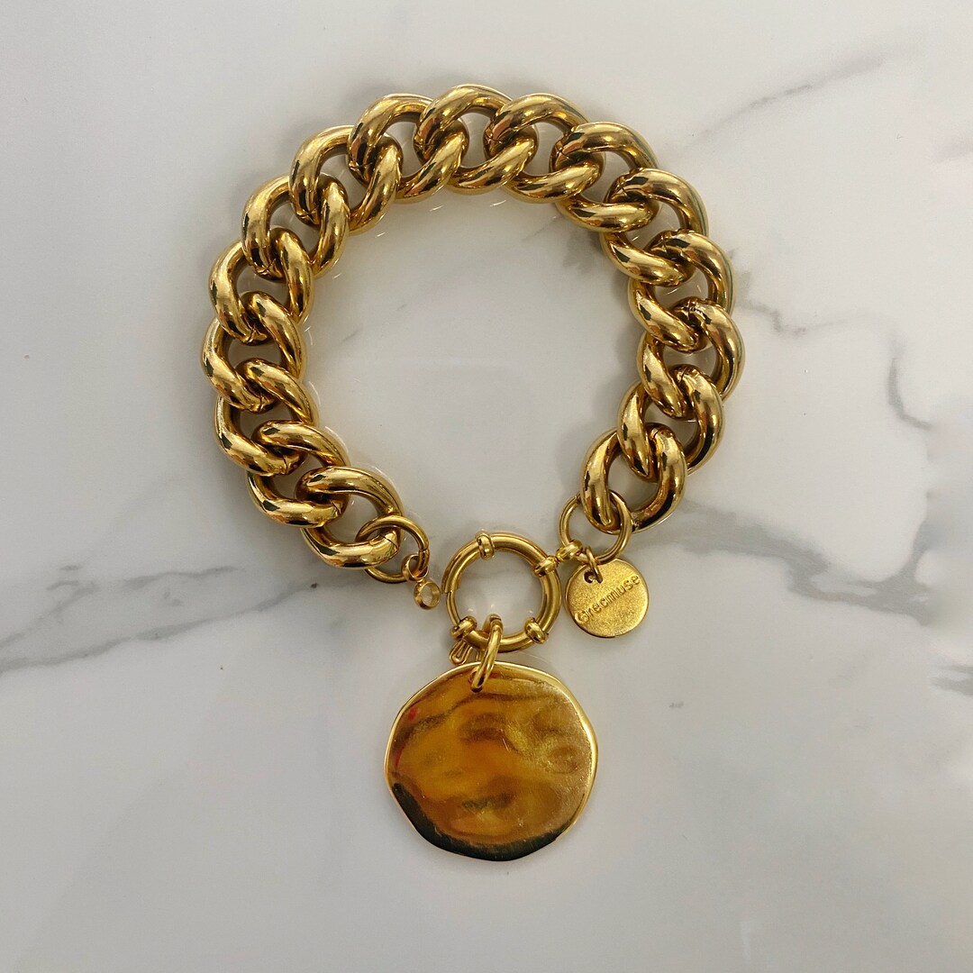 Gold Tone Coin Bracelet, Thick Chain Bracelet for Woman, Antique Retro ...