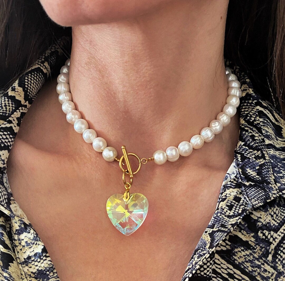 Collier coeur en verre choker de perles fraîches collier à - Etsy France