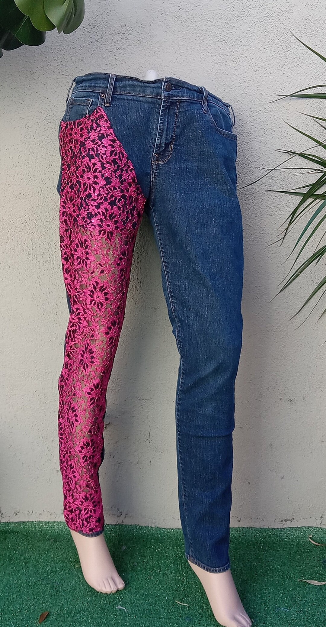 Ruggedfittedjeans One Leg Lace Denim Pant - Etsy
