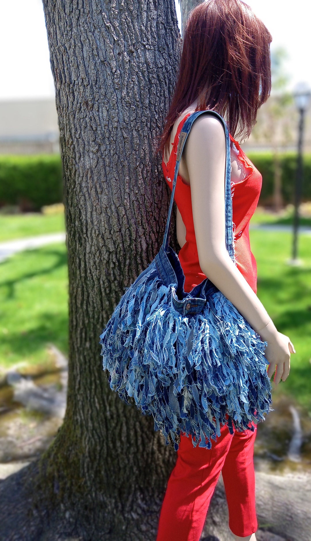 Boho Shredded Denim Purse/tote Bag - Etsy