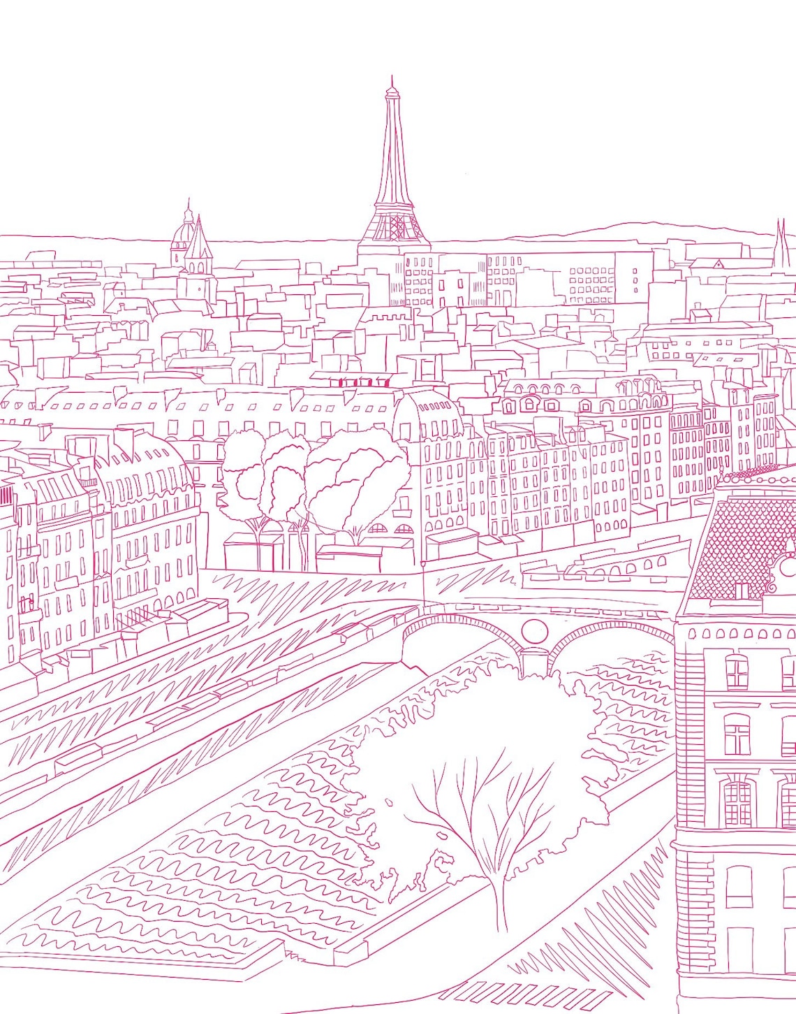 Paris France Pink Line Drawing Paris Artwork Paris - Etsy